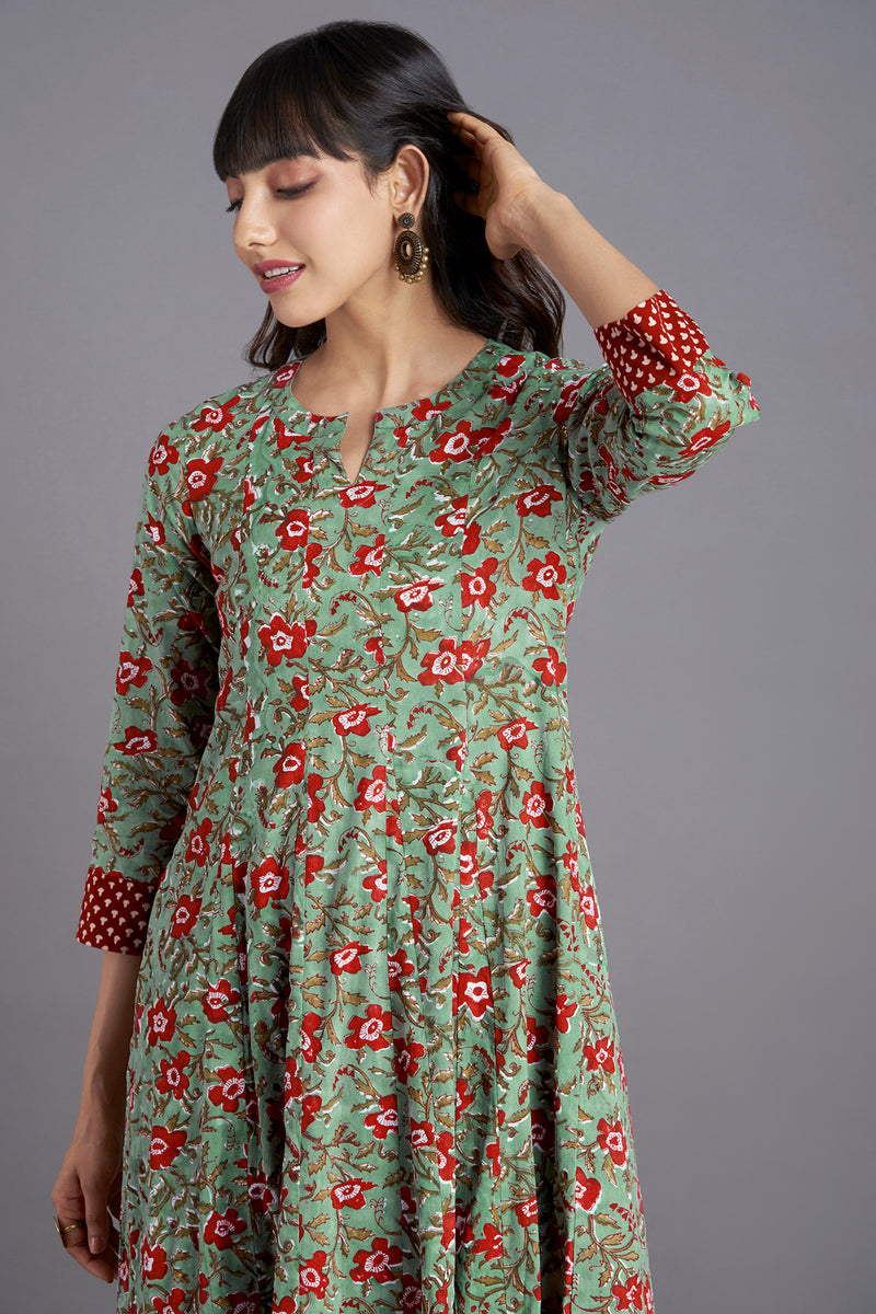 a-line dress - tea green & fantasy garden - maati crafts