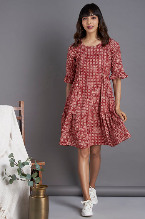 Buy madder red midi dress with ruffled bottom - maati crafts