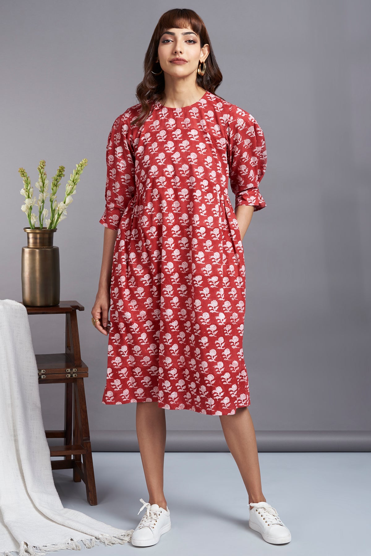 poppy red - side gather box pleat sleeve handblock printed shift dress ...