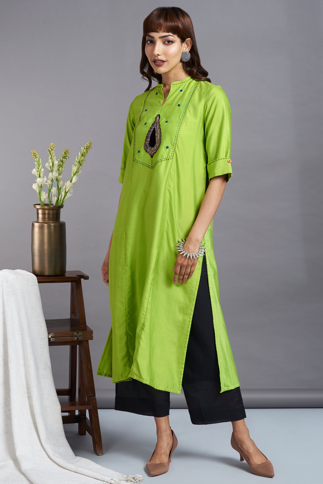long yoke panel kurta - glistening lime & mughal butta - maati crafts