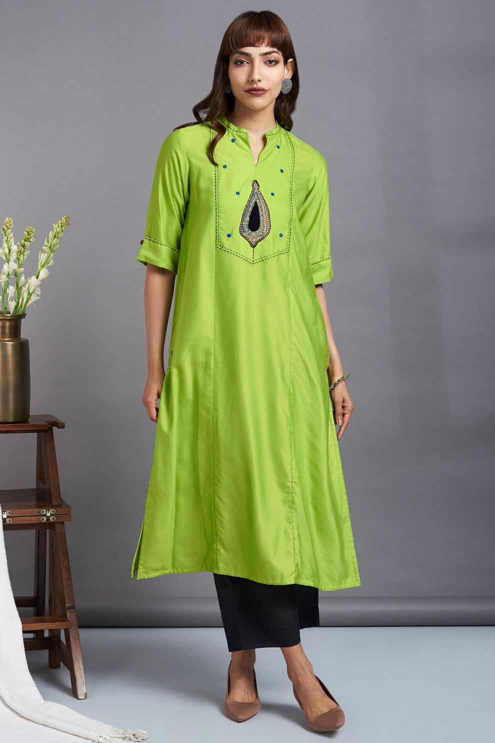 long yoke panel kurta - glistening lime & mughal butta - maati crafts