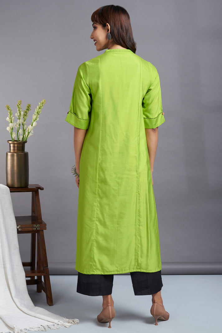long yoke panel kurta - glistening lime & mughal butta - maati crafts