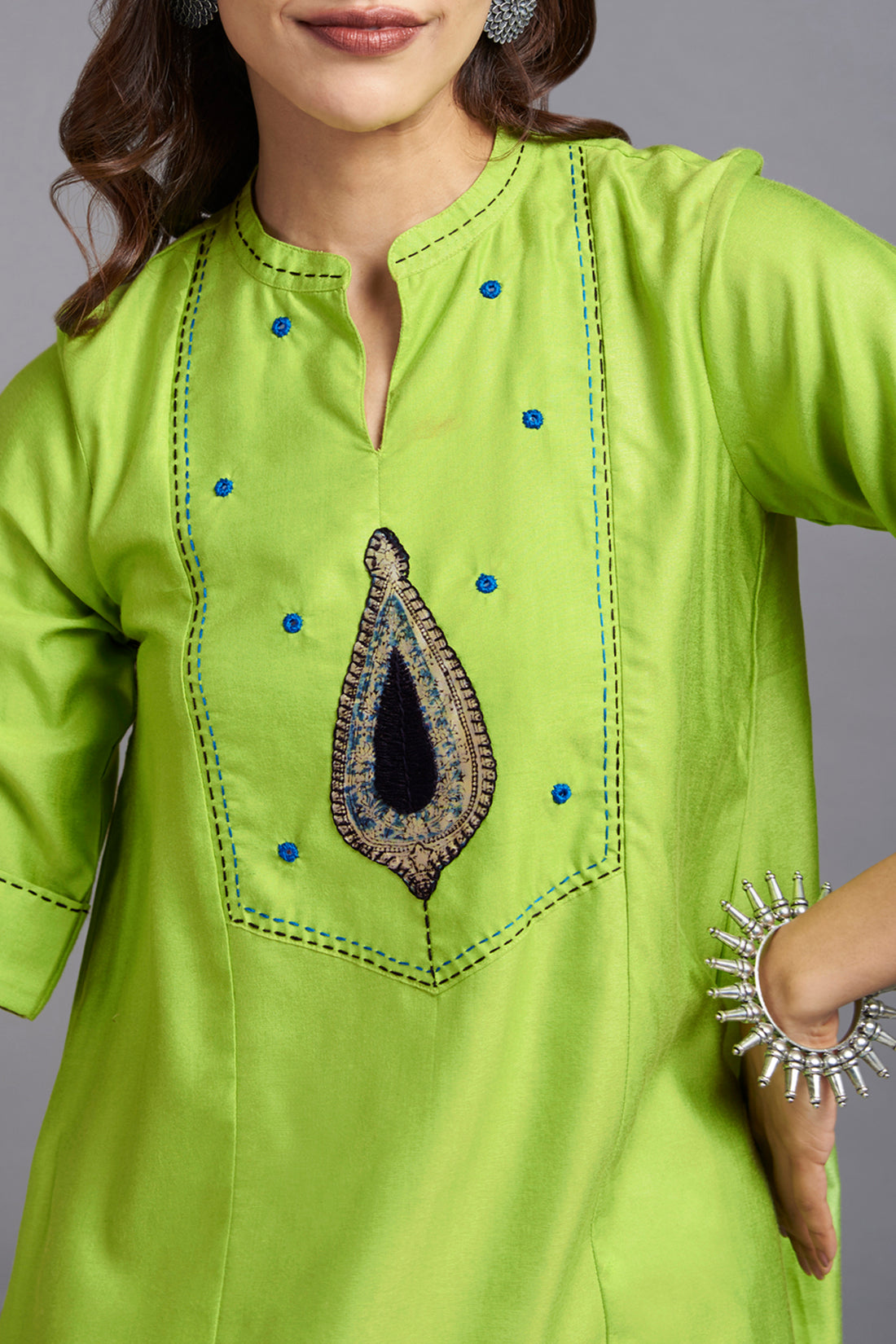 long yoke panel kurta - glistening lime & mughal butta - maati crafts
