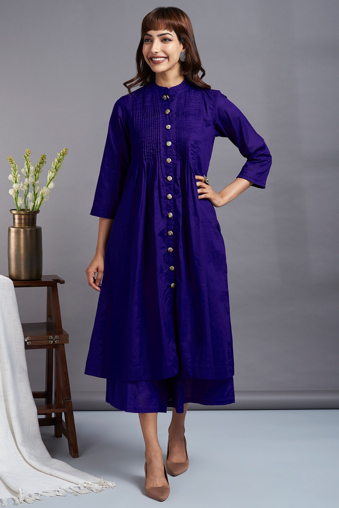 pleated neck pintuck dress - berry cocktail & purple bloom - maati crafts