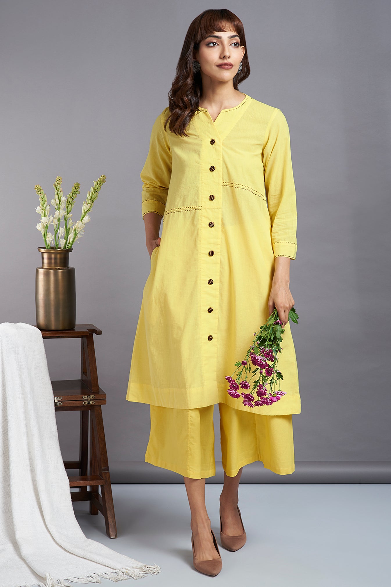 Buy yellow button down tunic kurta for woman - maati crafts