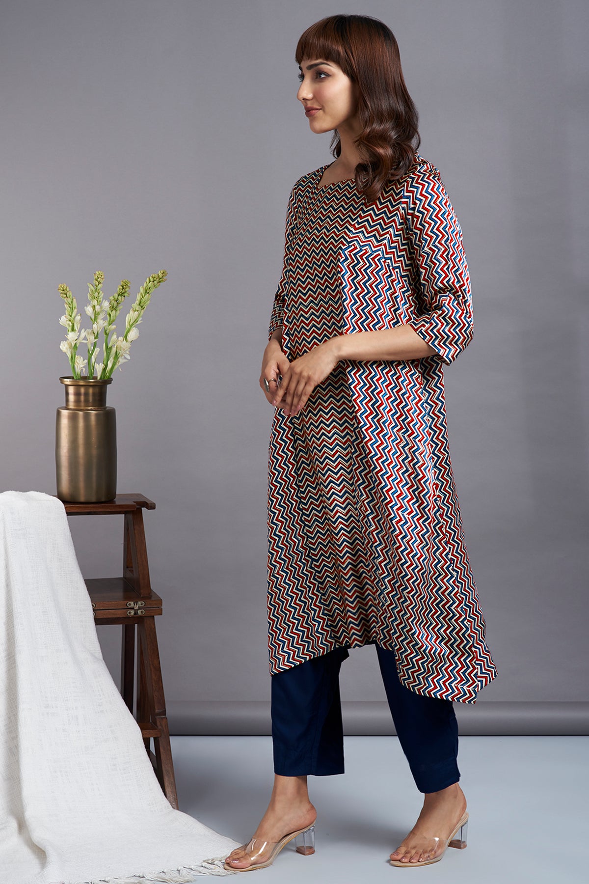ethereal chevron ivory - luxe silk ajrakh square panel kurta - maati crafts