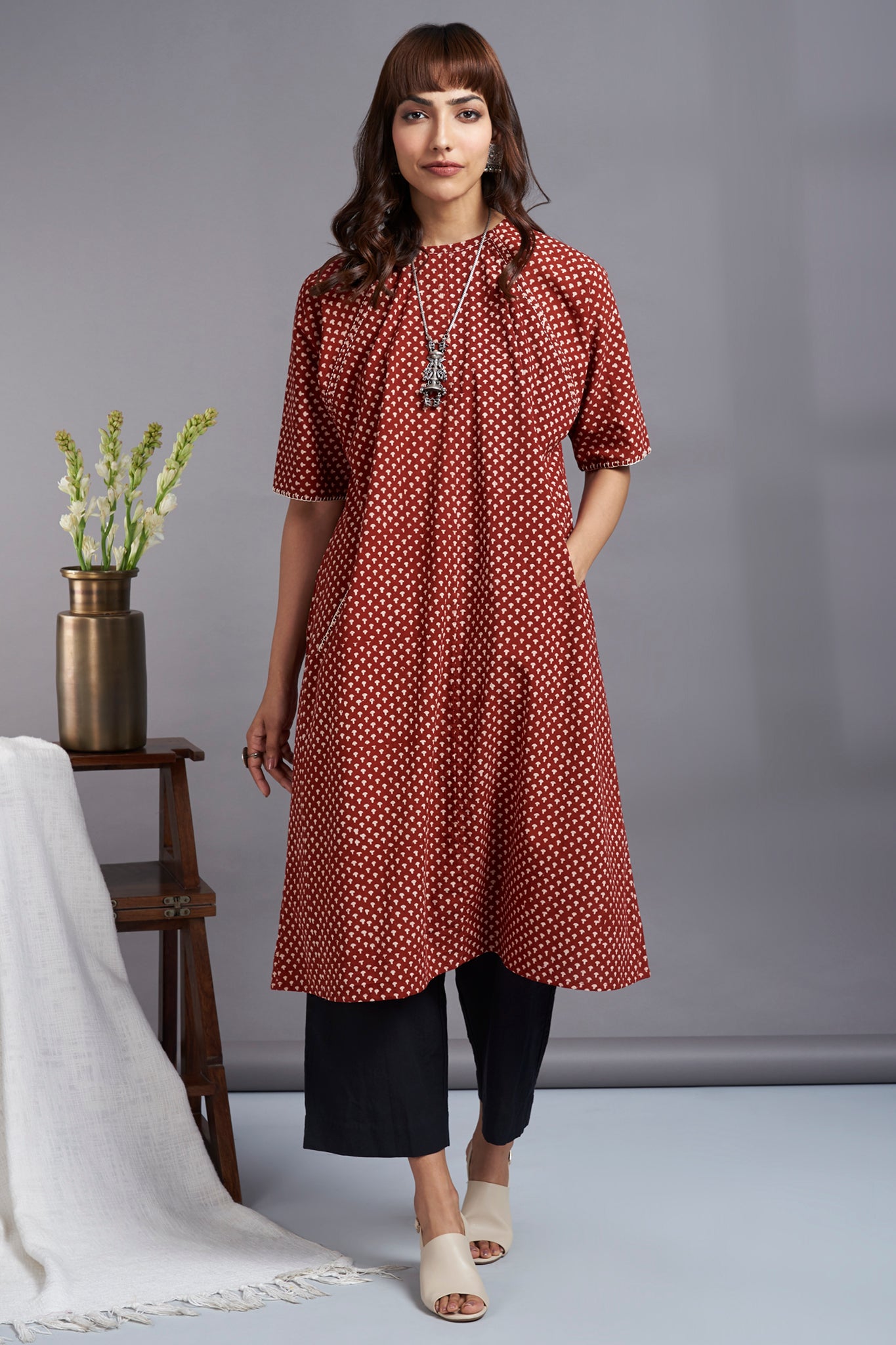 crimson craze - drop shoulder modern tunic with pockets - maati crafts