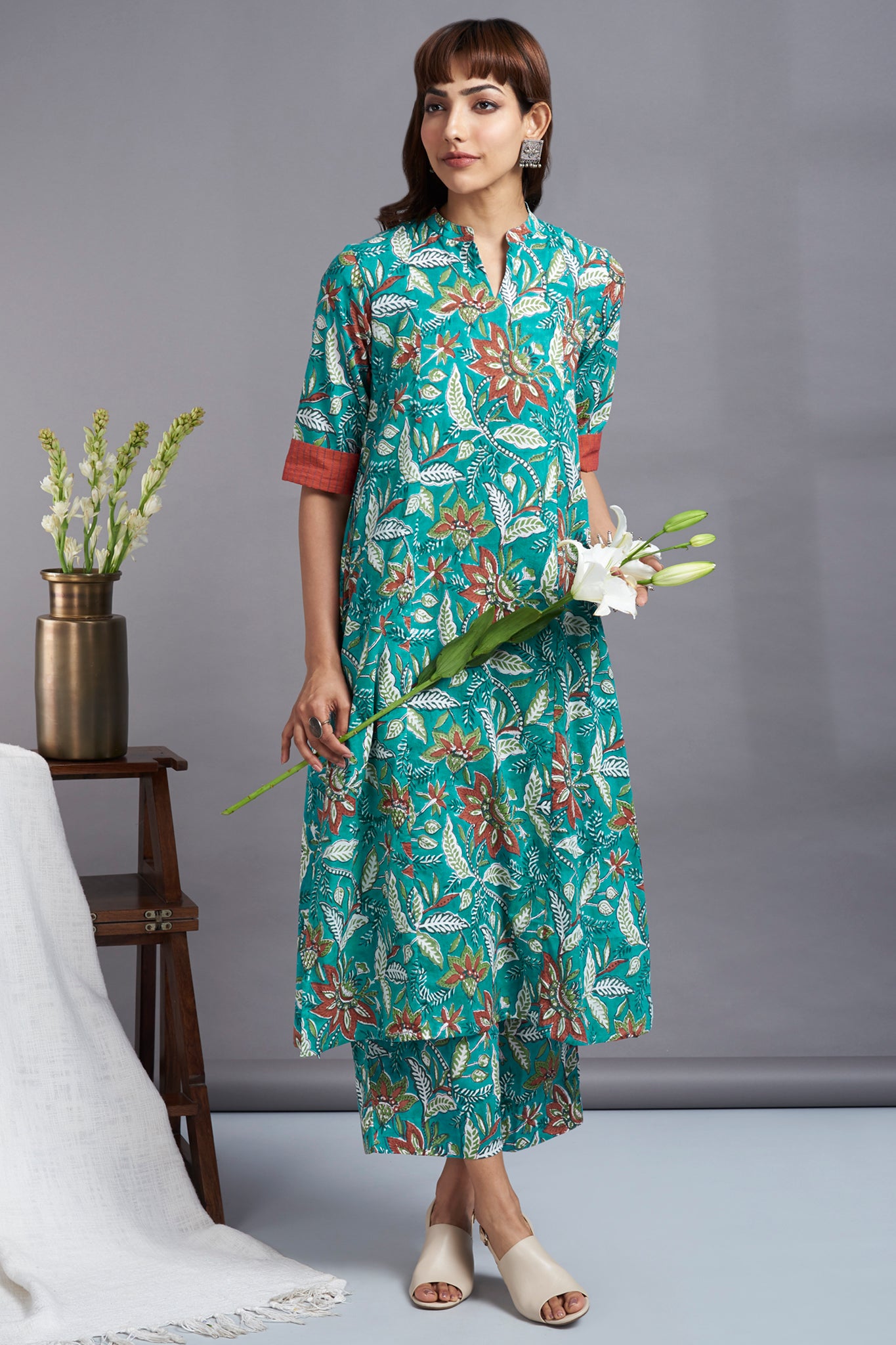 spring rhapsody- handblock printed long yoke panel kurta - maati crafts