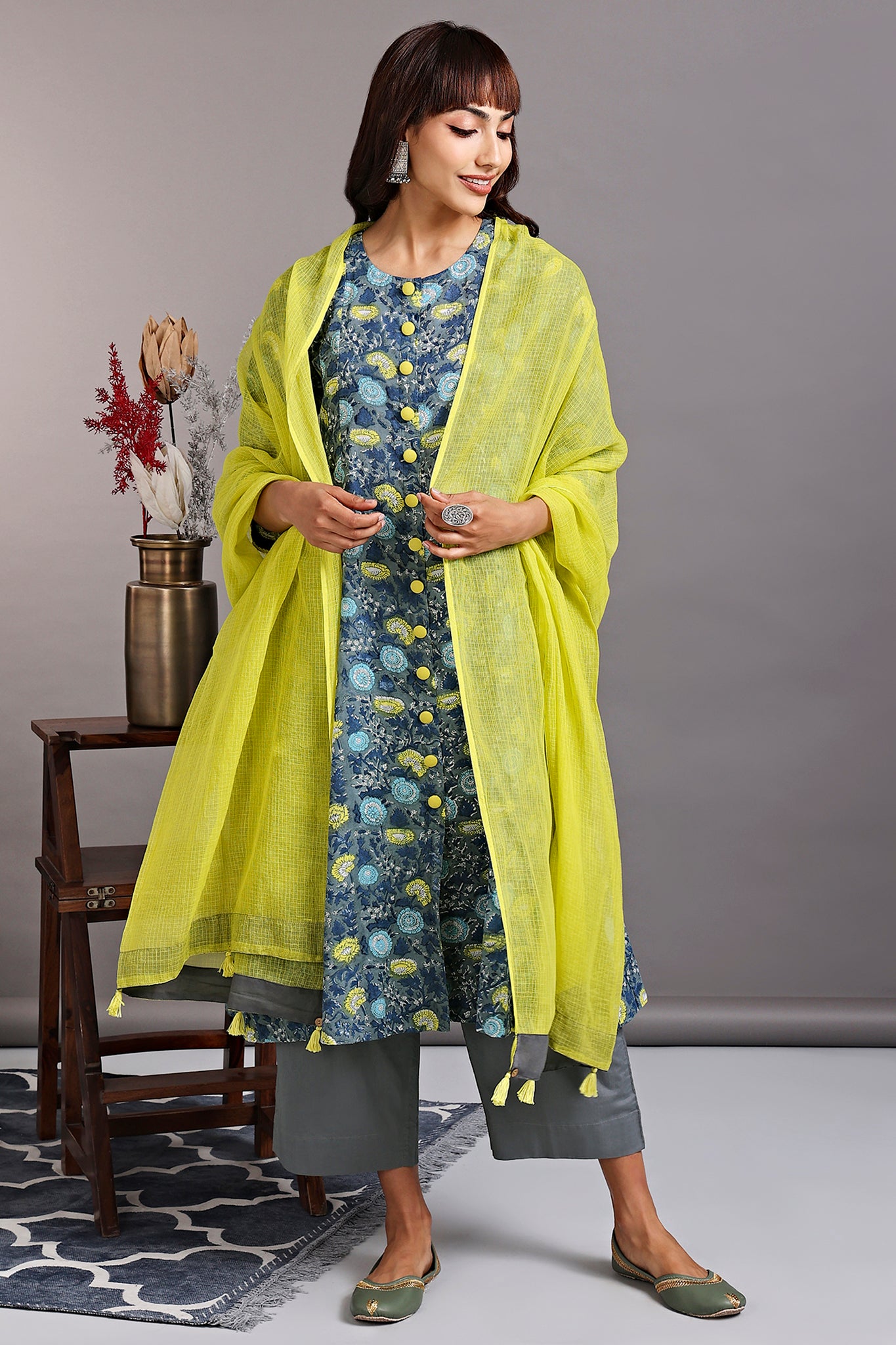 a-line button down kurta - grey chateau & sunshine yarrow - maati crafts