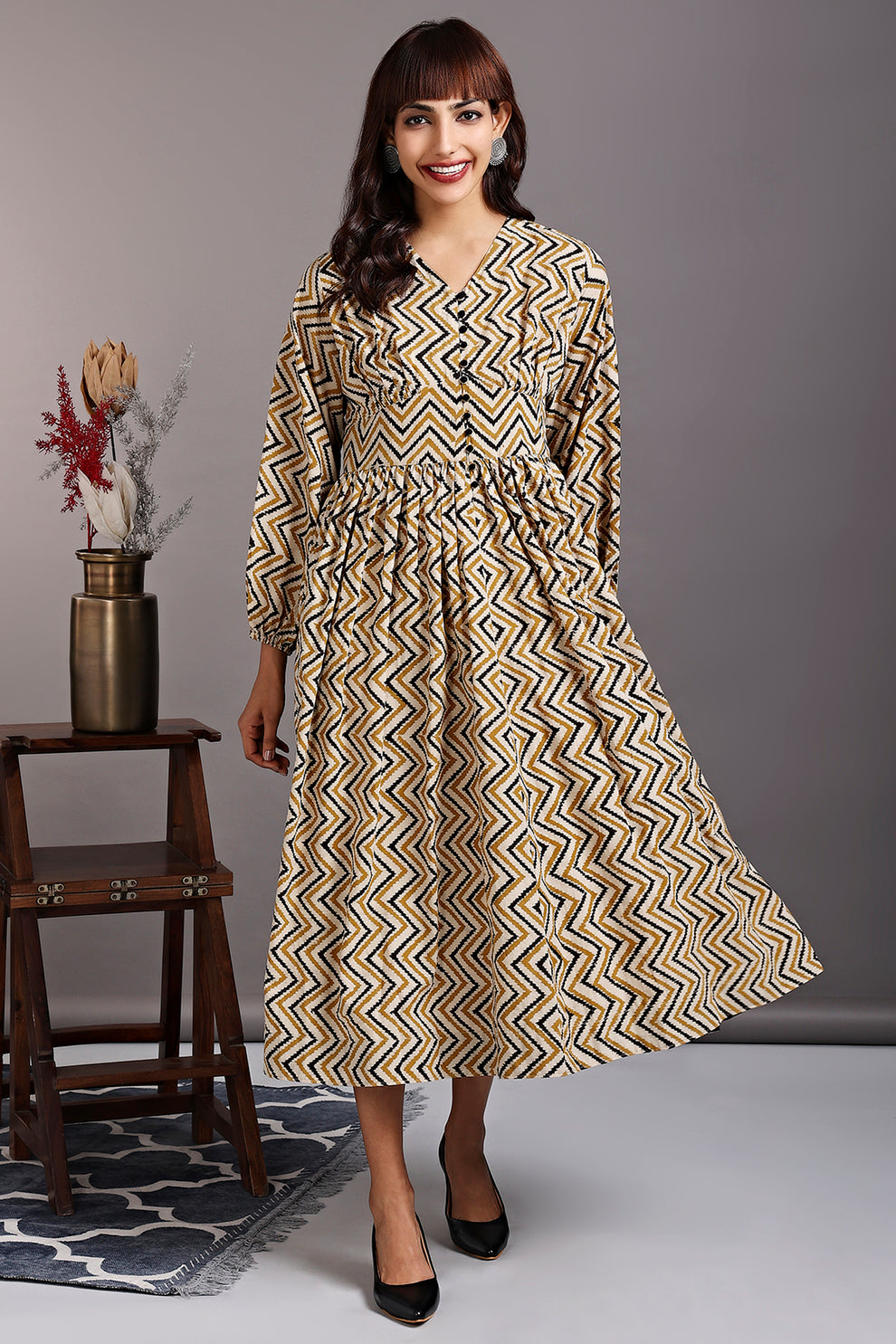 deep neck bust gather dress - tuscan yellow & black chevron - maati crafts