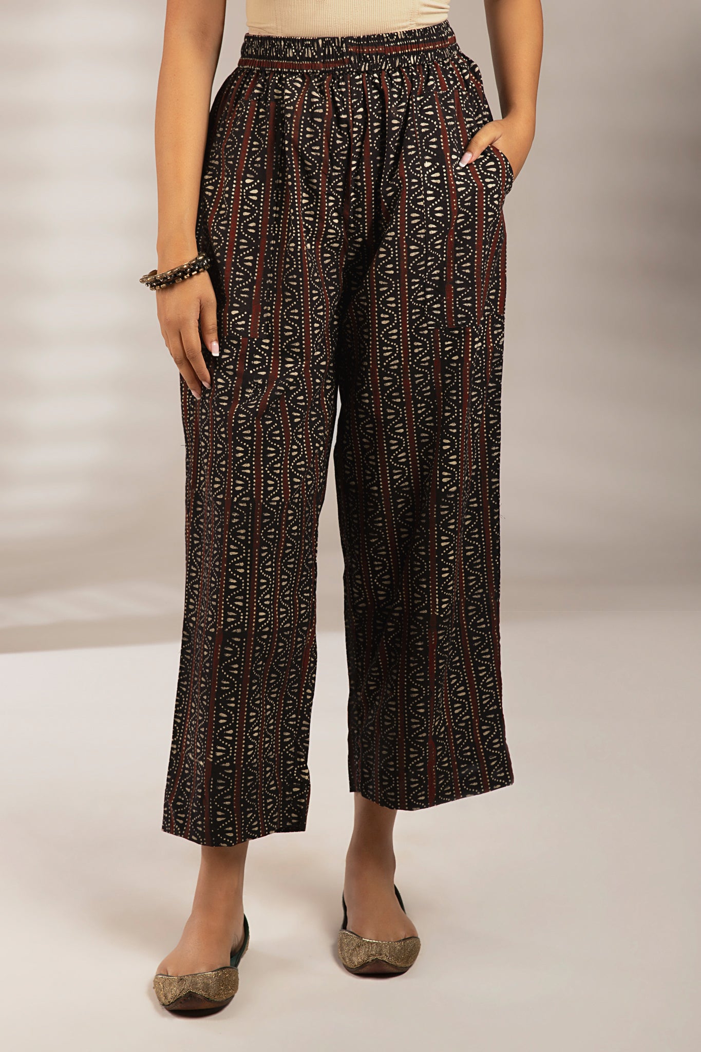 comfort fit cotton printed pants - black red ajrakh butti - maati crafts