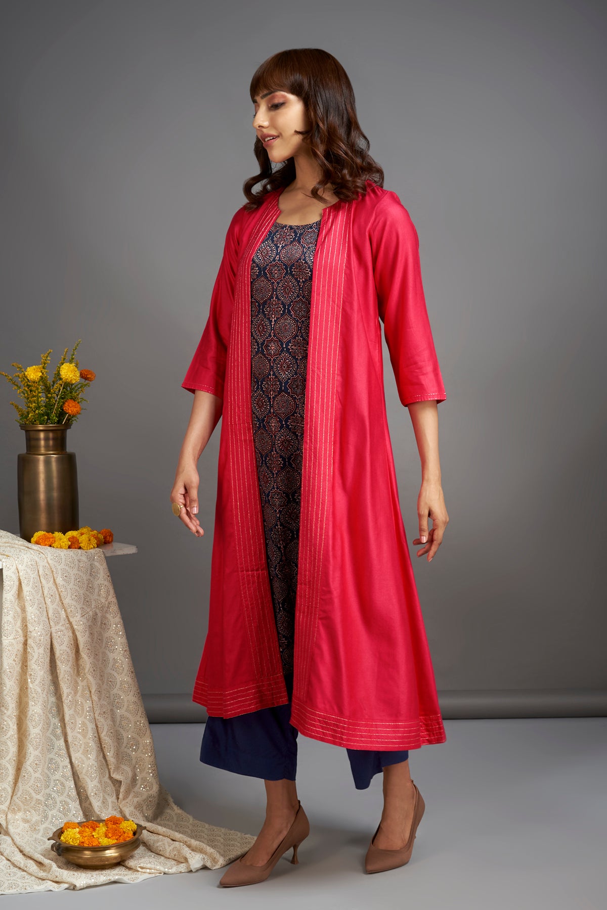 Buy fierce pink viscose silk long jacket for woman - maati crafts