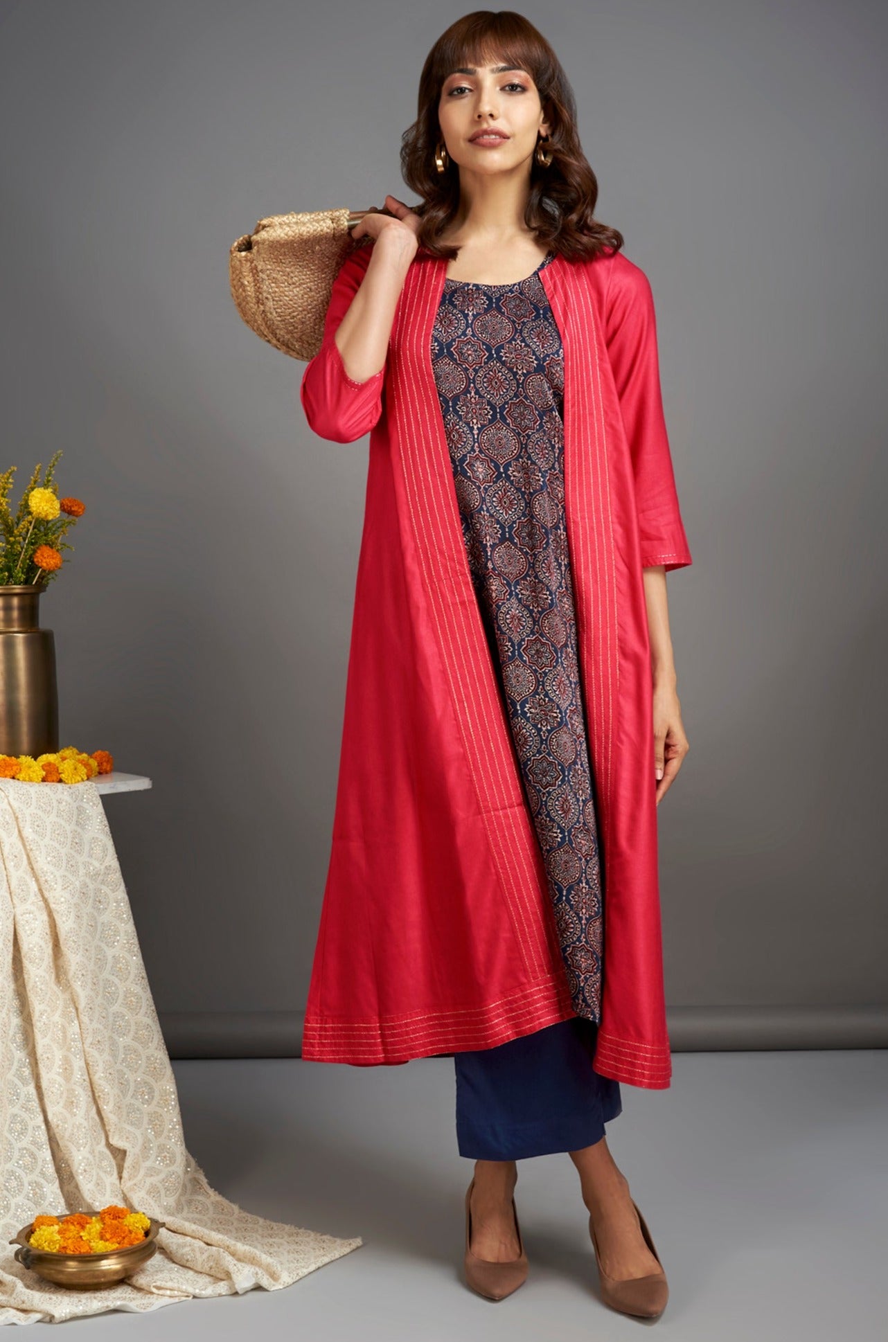 Buy fierce pink viscose silk long jacket for woman - maati crafts
