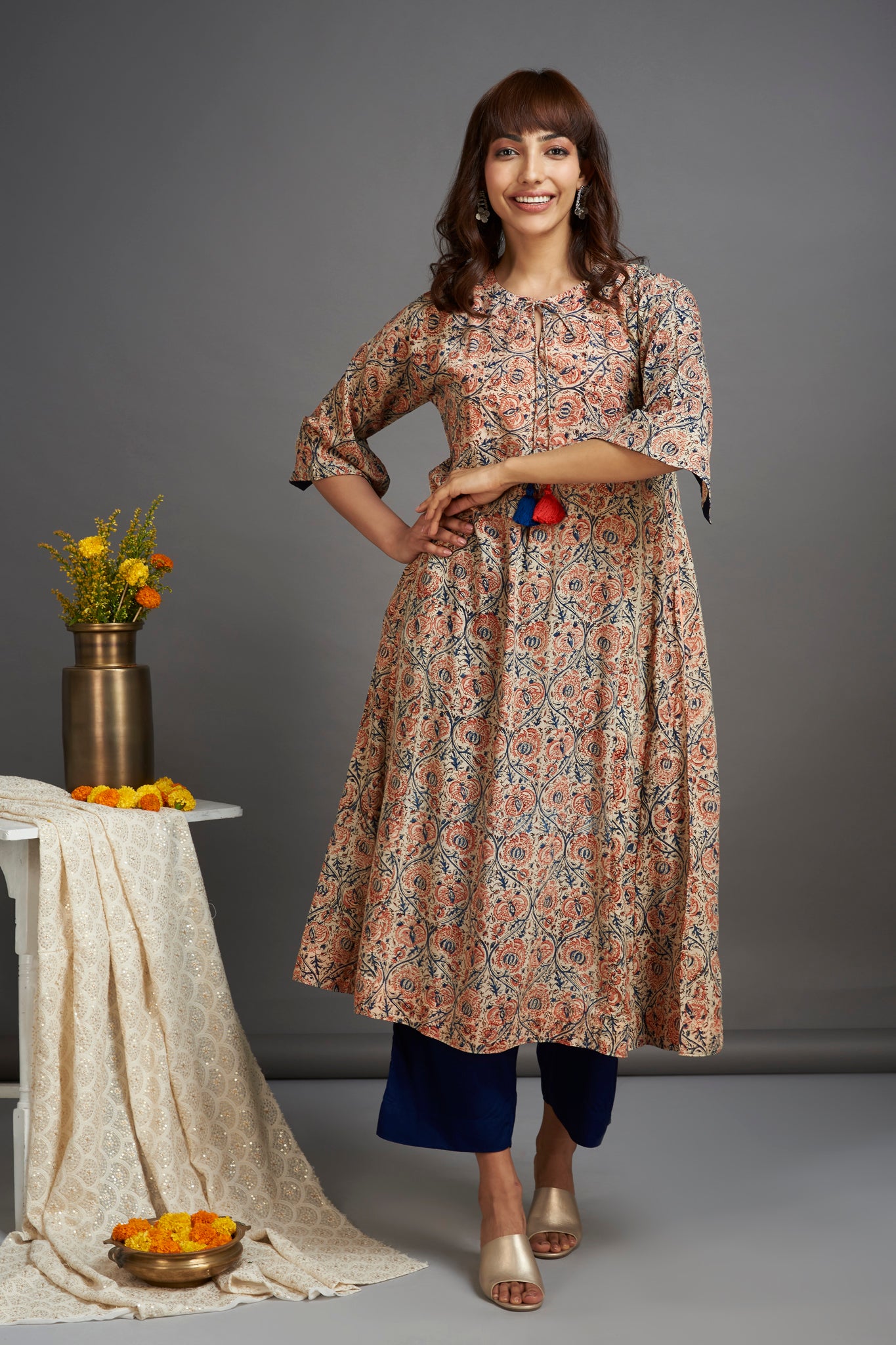 modal kalidar kurta with dori - peach bellini & cinder rose - maati crafts