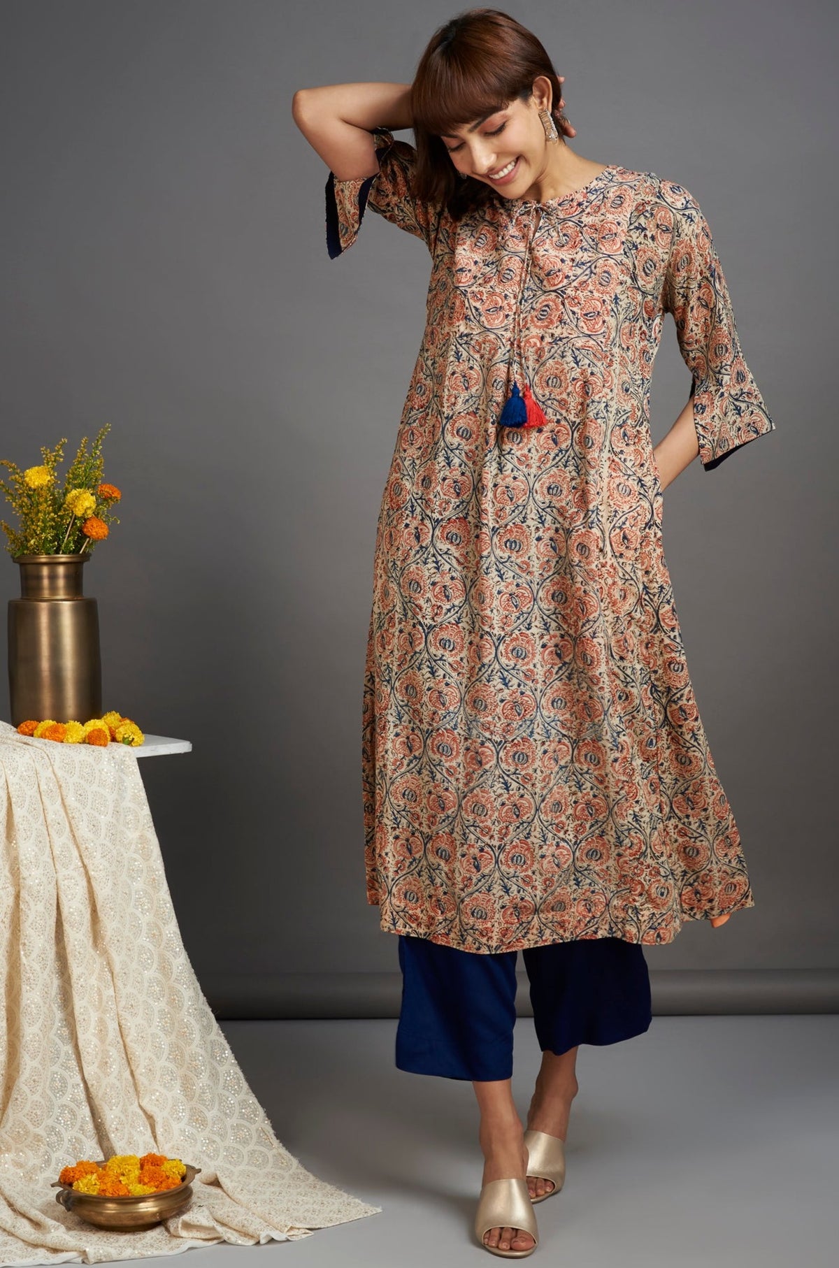 modal kalidar kurta with dori - peach bellini & cinder rose - maati crafts