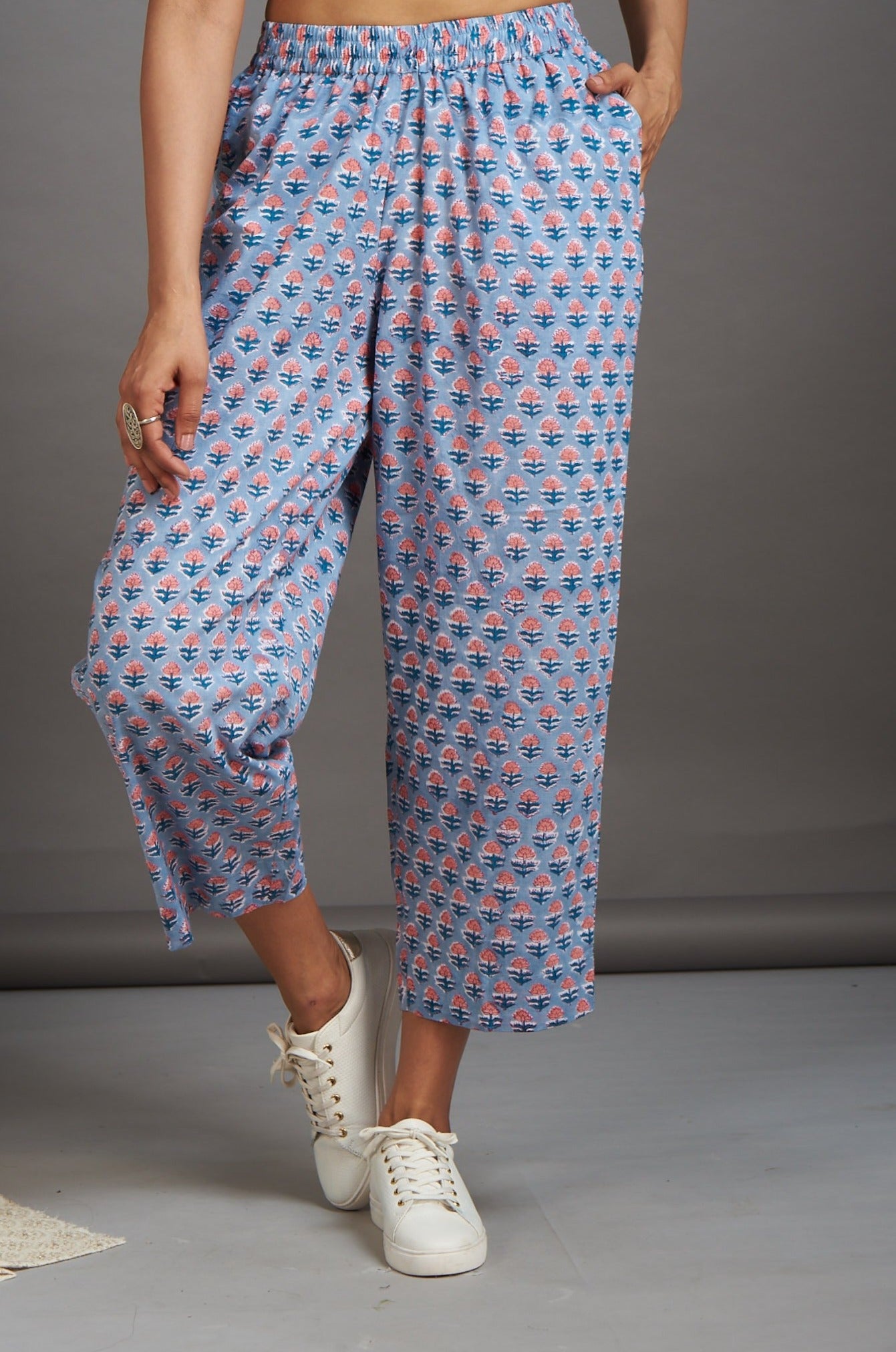 comfort fit ankle length narrow pants - red & ajrakh - maati crafts